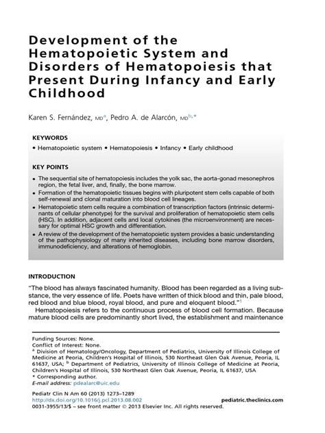 Development Of The Hematopoietic System And Disorders Of Hematopoiesis That Present During