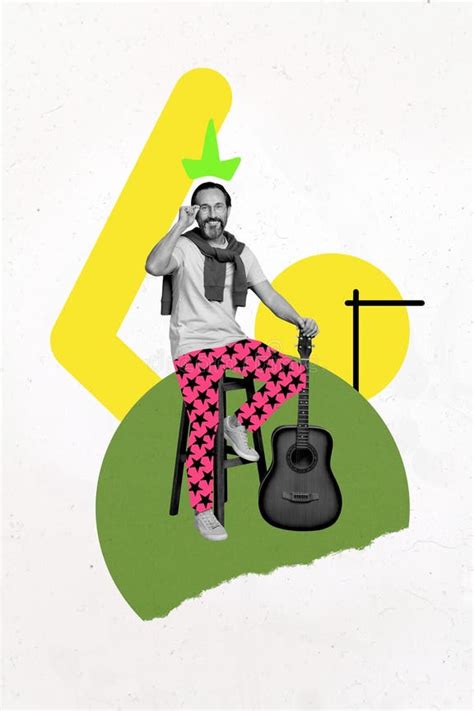 Poster Image Vertical Photo Collage Of Happy Man Composer Play Acoustic Guitar Sti Stool Music