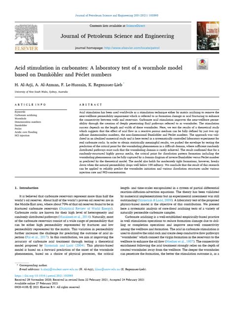 Acid Stimulation In Carbonates A Laboratory Test Of A Wormhole Model