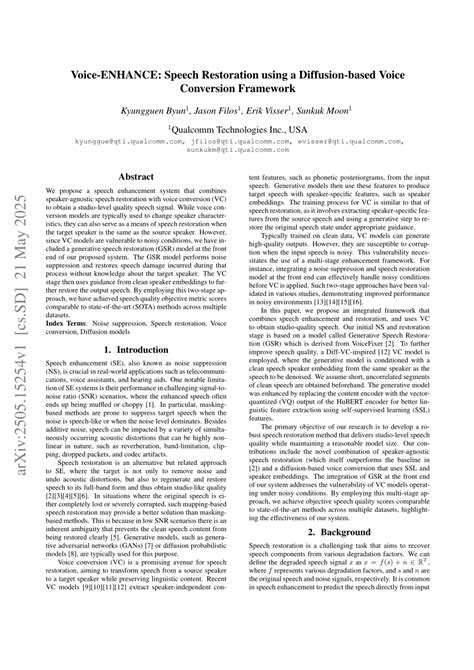 Pdf Voice Enhance Speech Restoration Using A Diffusion Based Voice Conversion Framework