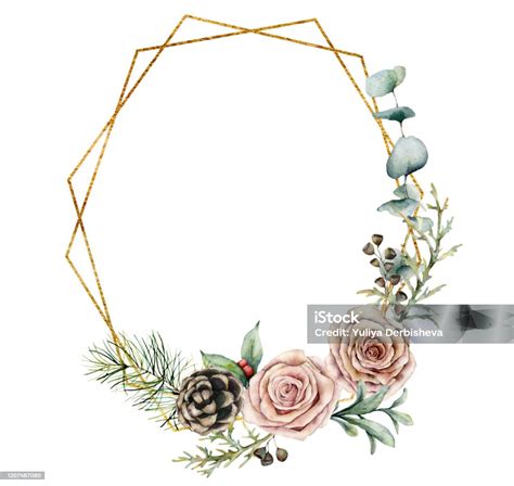 꽃 수채화 크리스마스 다각형 프레임입니다 손으로 그린 장미 소나무 콘과 흰색 배경에 고립 된 가지 인사말 레이블 템플릿입니다 디자인 인쇄 또는 배경에 대한 꽃 그림 0명에