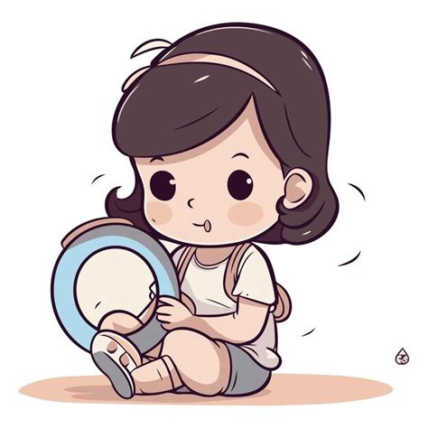 거울을 가지고 놀고 있는 귀여운 어린 소녀 터 만화 일러스트레이션 프리미엄 벡터