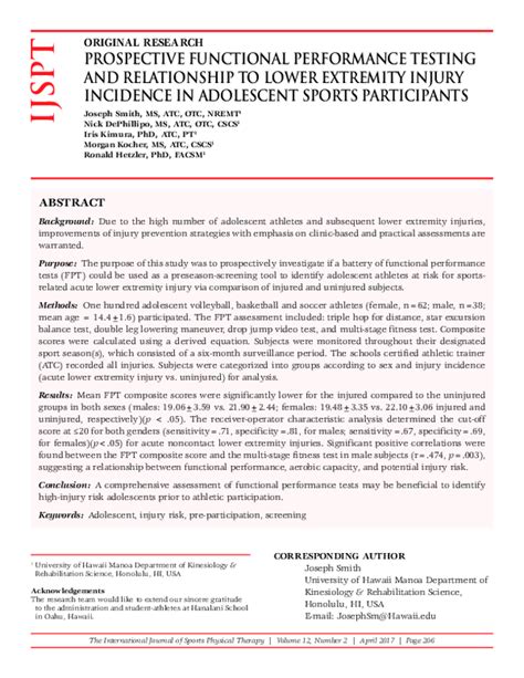 Pdf Prospective Functional Performance Testing And Relationship To