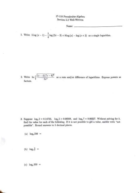 Solved 1 Write 5logx−1−41log2x−39logx−logx2 As A