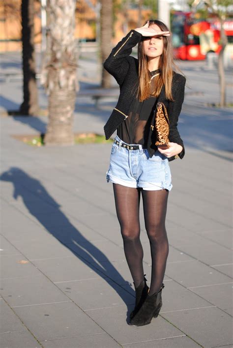 Fashionvibe Shorts And Sheer Tights Black Tights And Jean Shorts Urban Casual Sheer Bodysuit