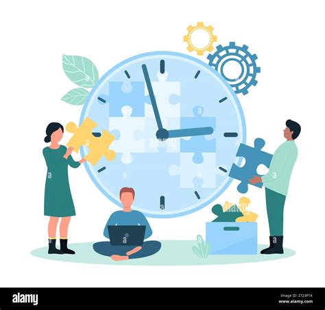 Time Management And Teamwork Vector Illustration Cartoon Tiny People Put Puzzle Pieces Into Big