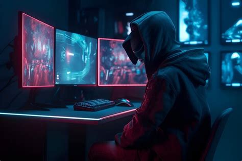Premium Photo Hooded Hacker Sitting In Front Of A Computer Monitor Cybercrime Concept