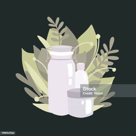 진한 녹색 배경에 녹색 잎제로 폐기물 제로 유리 항아리와 단풍 병의 평면 그림 벡터 요소 0에 대한 스톡 벡터 아트 및 기타