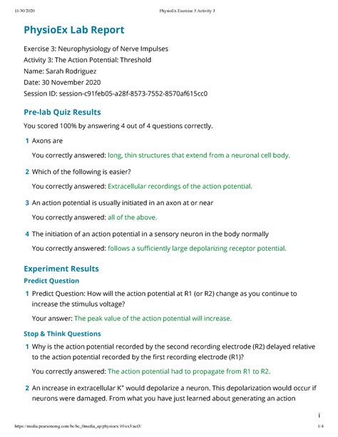 Physio Ex Exercise Activity Lab Report PhysioEx Lab Report Exercise Neurophysiology Of