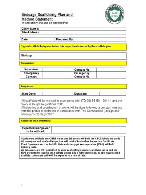 Birdcage Scaffold Plan And Method Statement Pdf Scaffolding Personal Protective Equipment