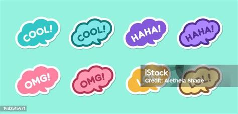 짧은 문구가 있는 귀여운 말풍선 멋지다 Omg Haha Lol 온라인 메시징 아이콘 스티커 세트 간단한 플랫 벡터 그림입니다 Lol에 대한 스톡 벡터 아트 및 기타 이미지