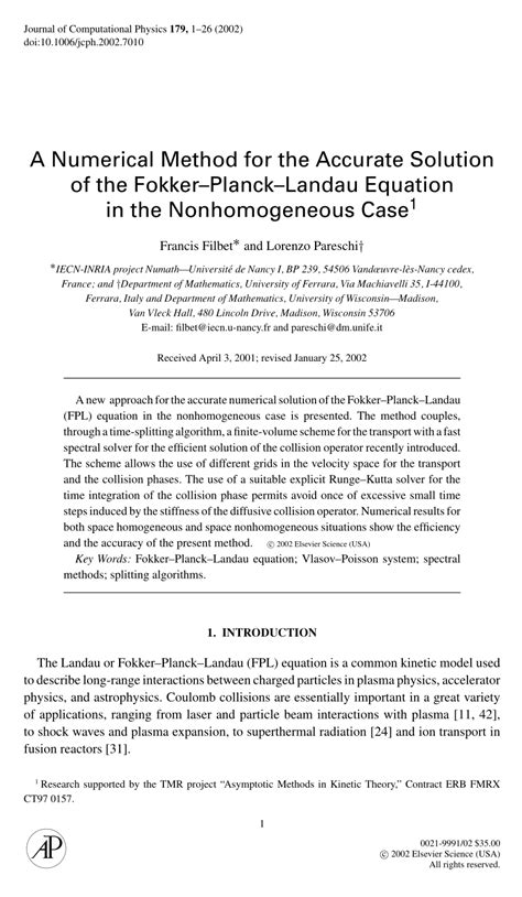 Pdf A Numerical Method For The Accurate Solution Of The Fokkerplanck