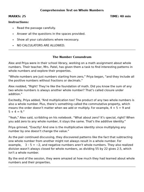 1 Comprehension Test On Whole Numbers Pdf Numbers Integer