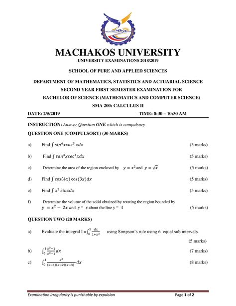 SMA Calculus II Examination Irregularity Is Punishable By Expulsion Page Of MACHAKOS