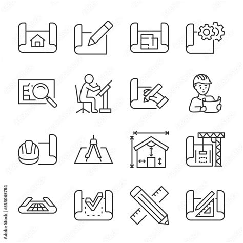 Engineering Drawing Icons Set Blueprint Linear Icon Collection Construction Technical