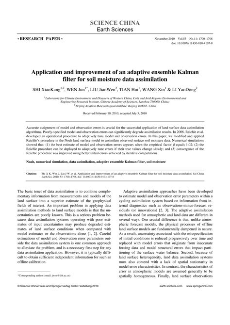 Pdf Application And Improvement Of An Adaptive Ensemble Kalman Filter