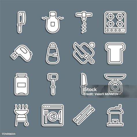 세트 라인 수동 커피 그라인더 저울 빵 토스트 와인 코르크 마개 소금 전기 믹서 고기 다지기 및 도마 및 칼 아이콘 벡터 Live Event에 대한 스톡 벡터 아트 및 기타