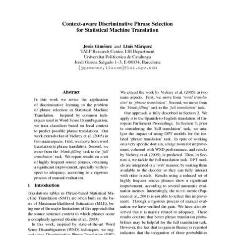 Context Aware Discriminative Phrase Selection For Statistical Machine Translation Acl Anthology
