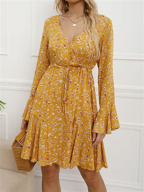Yellow Floral Dress With Surplice Neck And Drawstring Waist