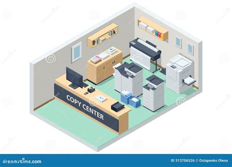 Isometric Printing Services Printing House Industry Print Copy Scan Fax Stock Vector