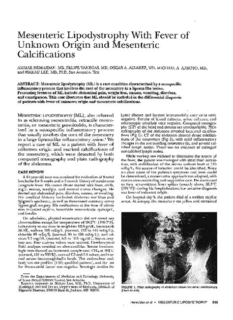 Pdf Mesenteric Lipodystrophy With Fever Of Unknown Origin And Mesenteric Calcifications