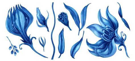 추상 블루 매직 꽃과 초대장 패턴 직물 벽지 스티커에 대한 나뭇잎의 손으로 그린 수채화 그림 요소는 흰색 배경에 격리되어