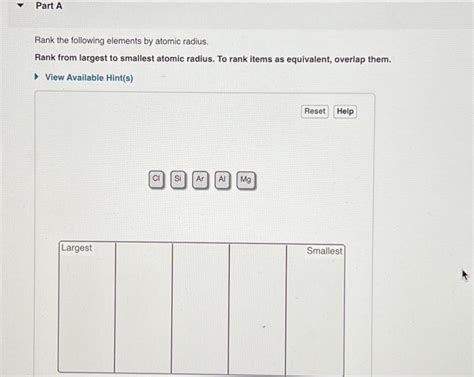 Part A Rank The Following Elements By Atomic Radius