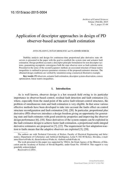 pdf application of descriptor approaches in design of pd observer