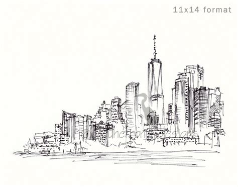 Nyc Skyline Ink City Sketch Art Print Etsy