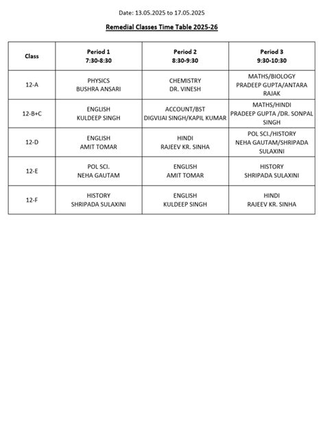 Remedial Class Time Table 25 26 Today Pdf