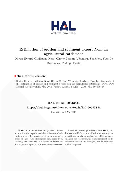Pdf Estimation Of Erosion And Sediment Export From An Agricultural Catchment 1960 2000