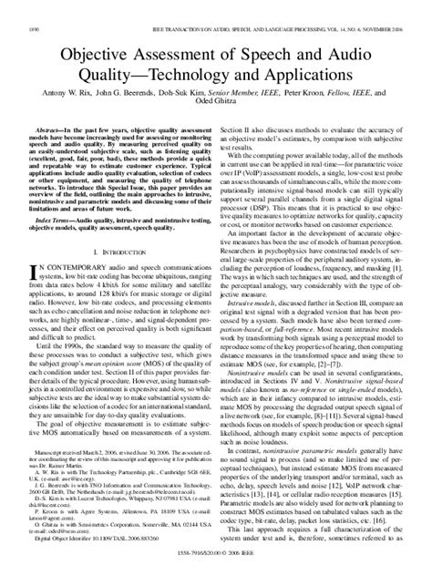 Pdf Objective Assessment Of Speech And Audio Qualityand 8212 Technology And Applications