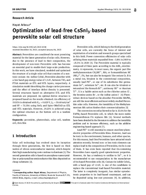 Pdf Optimization Of Lead Free Cssni 3 Based Perovskite Solar Cell Structure
