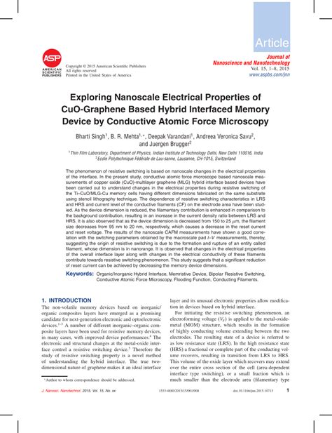 Pdf Exploring Nanoscale Electrical Properties Of Cuo Graphene Based Hybrid Interfaced Memory