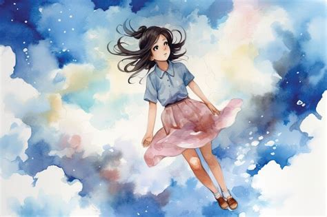 Premium Ai Image A Girl In A Blue Shirt And Pink Skirt Is Flying In