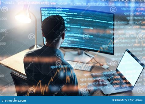 Programmer Code And Man With Hologram Technology And Digital Software With Cyber Security