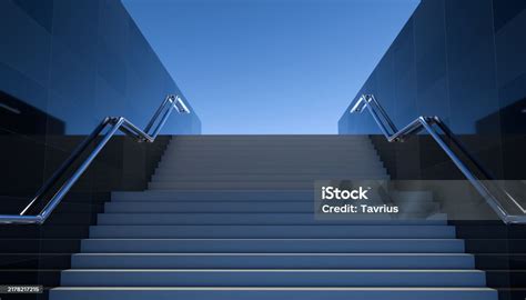 보행자 전용 지하철의 빈 검은 계단 3d 렌더 맑은 하늘로 이어지는 반짝이는 크롬 난간이 있는 대리석 또는 콘크리트 계단이 있습니다 지하도의 화강암 벽 난간의 모습 0명에