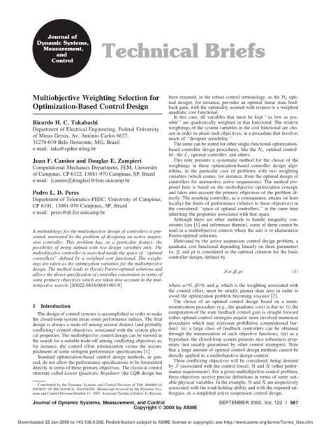 Pdf Multiobjective Weighting Selection For Optimization Based Control