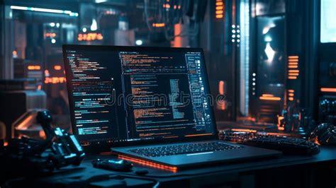 cyberpunk laptop coding futuristic technology screen dark orange blue
