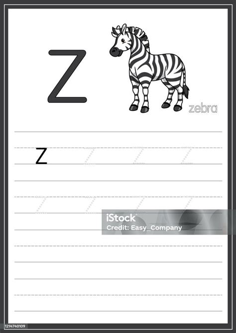 A4 용지 크기에 연습 Abc를 추적 하는 학습 하는 아이 들을 위한 알파벳 Z 소문자와 얼룩말의 벡터 그림 인쇄 할 준비가 4