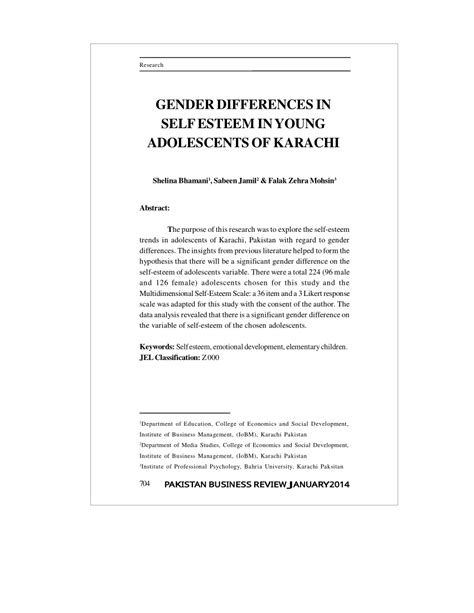 Pdf Gender Differences In Self Esteem In Young Adolescents Of Karachi