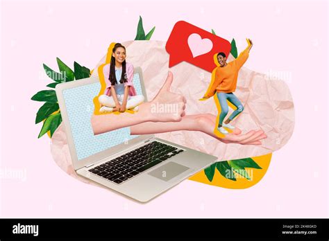 Creative Drawing Collage Picture Of Cheerful Energetic Woman Bloggers Influencers Friends Laptop