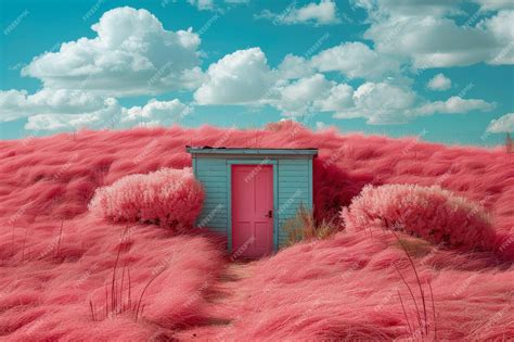 Premium Photo Surreal Pink Grass Landscape With Isolated Blue Door