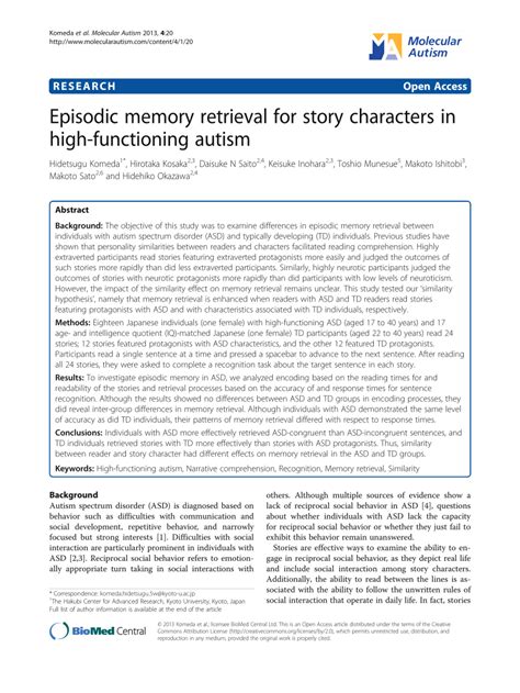 Pdf Episodic Memory Retrieval For Story Characters In High Functioning Autism