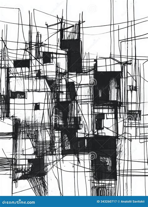 This Artwork Portrays A Complex Urban Landscape Rendered In Black Ink Featuring Intersecting