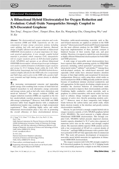 Pdf A Bifunctional Hybrid Electrocatalyst For Oxygen Reduction And Evolution Cobalt Oxide