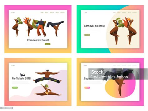 브라질 카니발 카 포에 라 댄서 방문 페이지를 설정 합니다 브라질 국가 생생한 축제에 남자 여자 댄스입니다 이국적인 색 의상 카니발 축제 웹사이트 또는 웹 페이지 플랫 만화