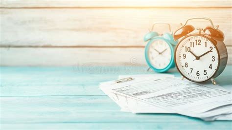 A Serene Workspace Featuring Colorful Alarm Clocks And Paperwork On A Wooden Table Symbolizing