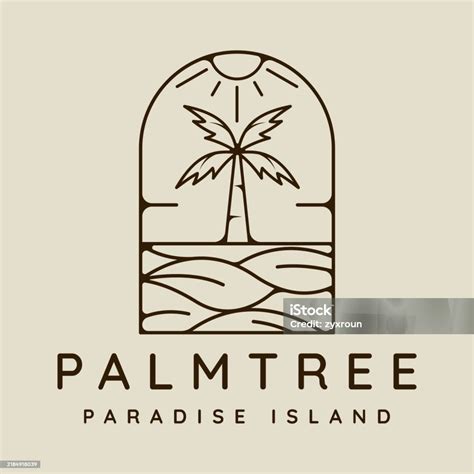 야자수와 바다 파도 라인 아트 로고 벡터 간단한 미니멀리스트 일러스트 템플릿 아이콘 그래픽 디자인 코코넛 나무와 바다 파도 태양