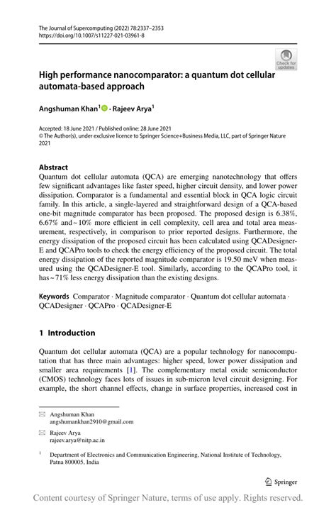 High Performance Nanocomparator A Quantum Dot Cellular Automata Based Approach Request Pdf